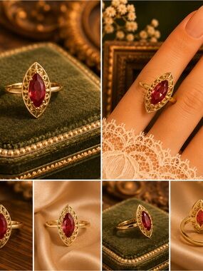 Jewelry | 283 Gold Filigree Ring With Red Marquise Gem | Poshmark